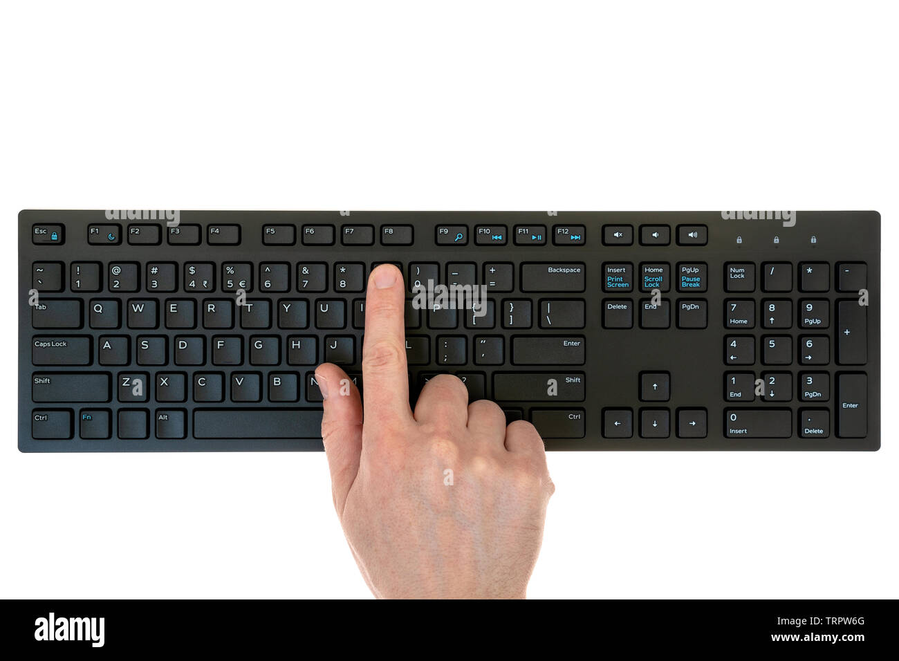 Hand press button on computer keyboard, isolated on white background ...