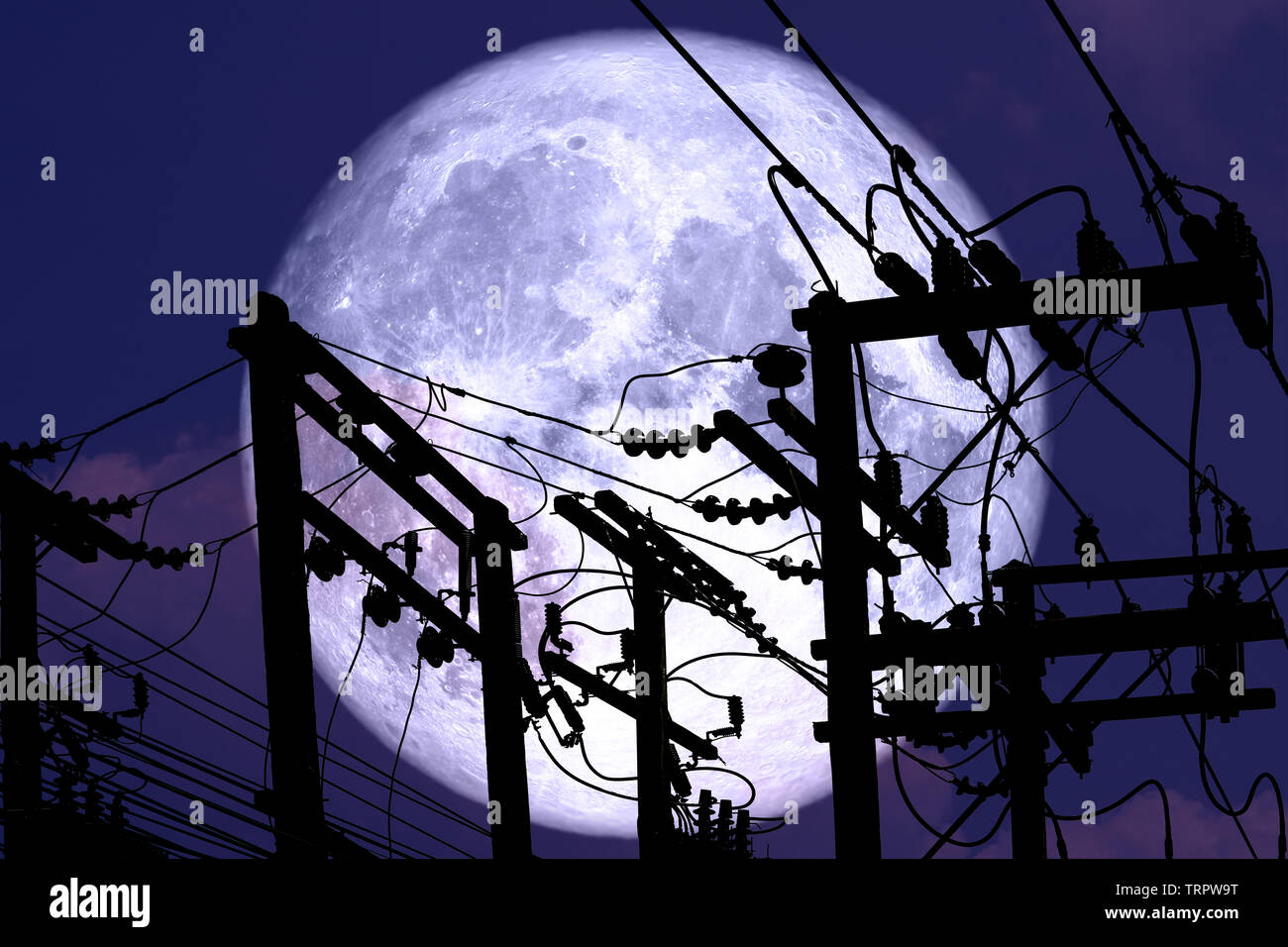 full crust moon back on silhouette power electric line on night sky ...