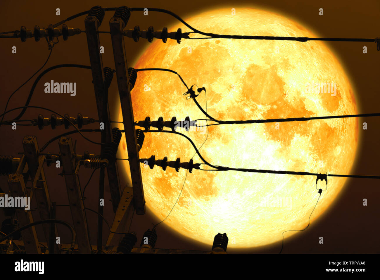 full crust moon back on silhouette power electric line on night sky ...