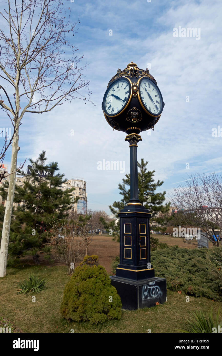 One of the distinctive clocks in Piata Unirii Park, Bucharest, Romania ...