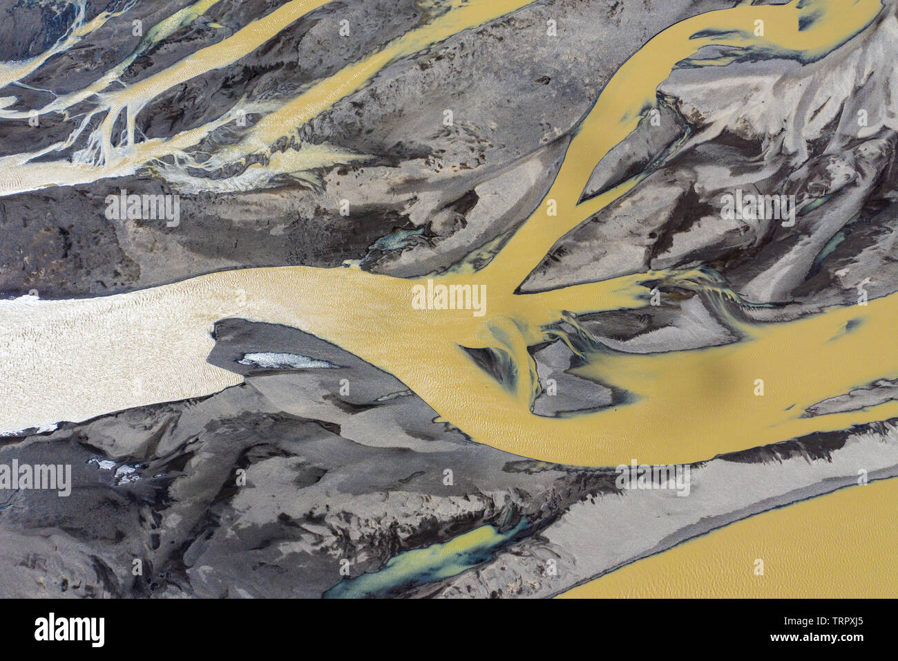 Aerial drone view of a huge riverbed and delta, glacial river system ...
