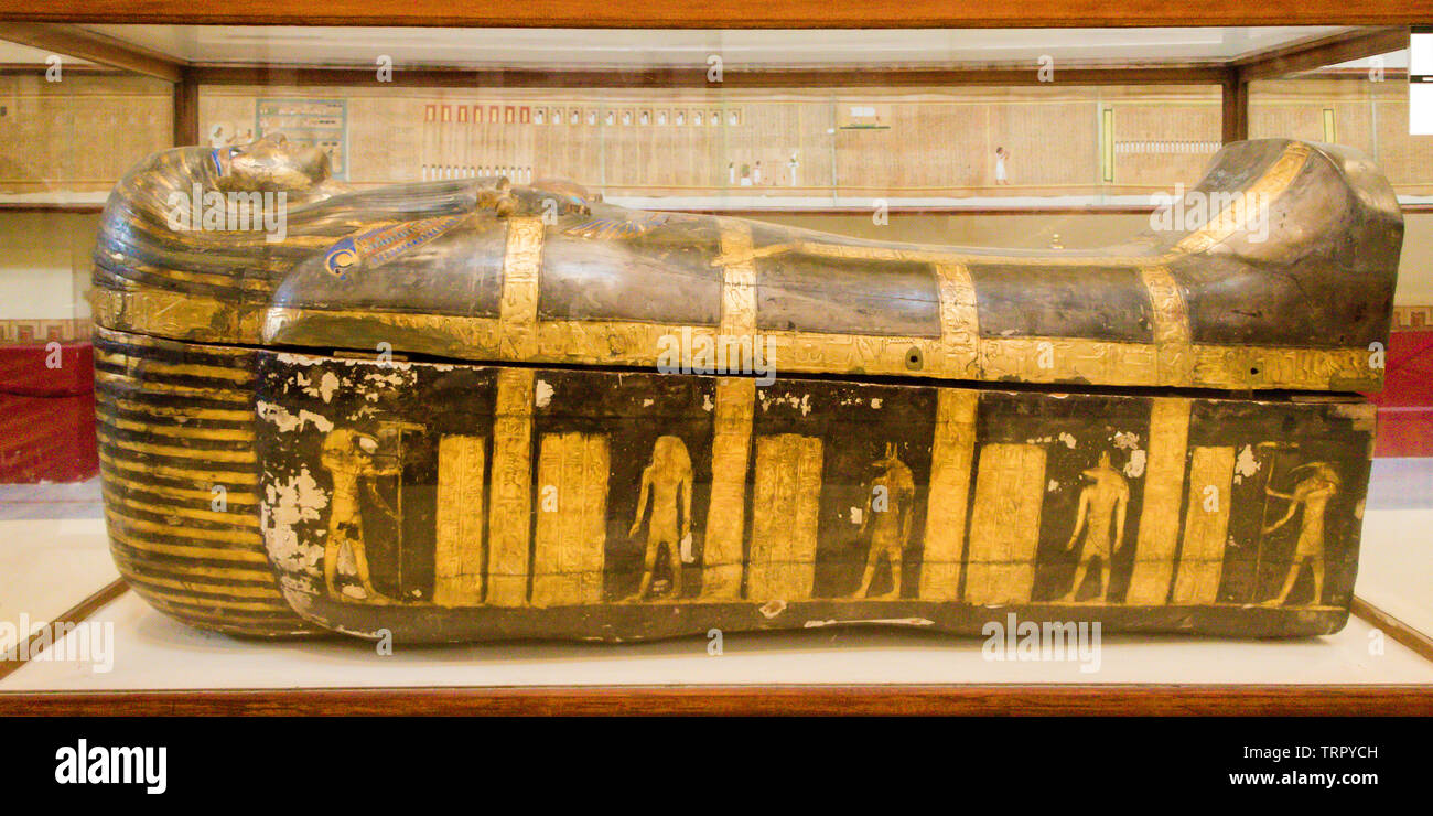 Pharaoh sarcophagus and mummy caskets displayed in the Museum of ...