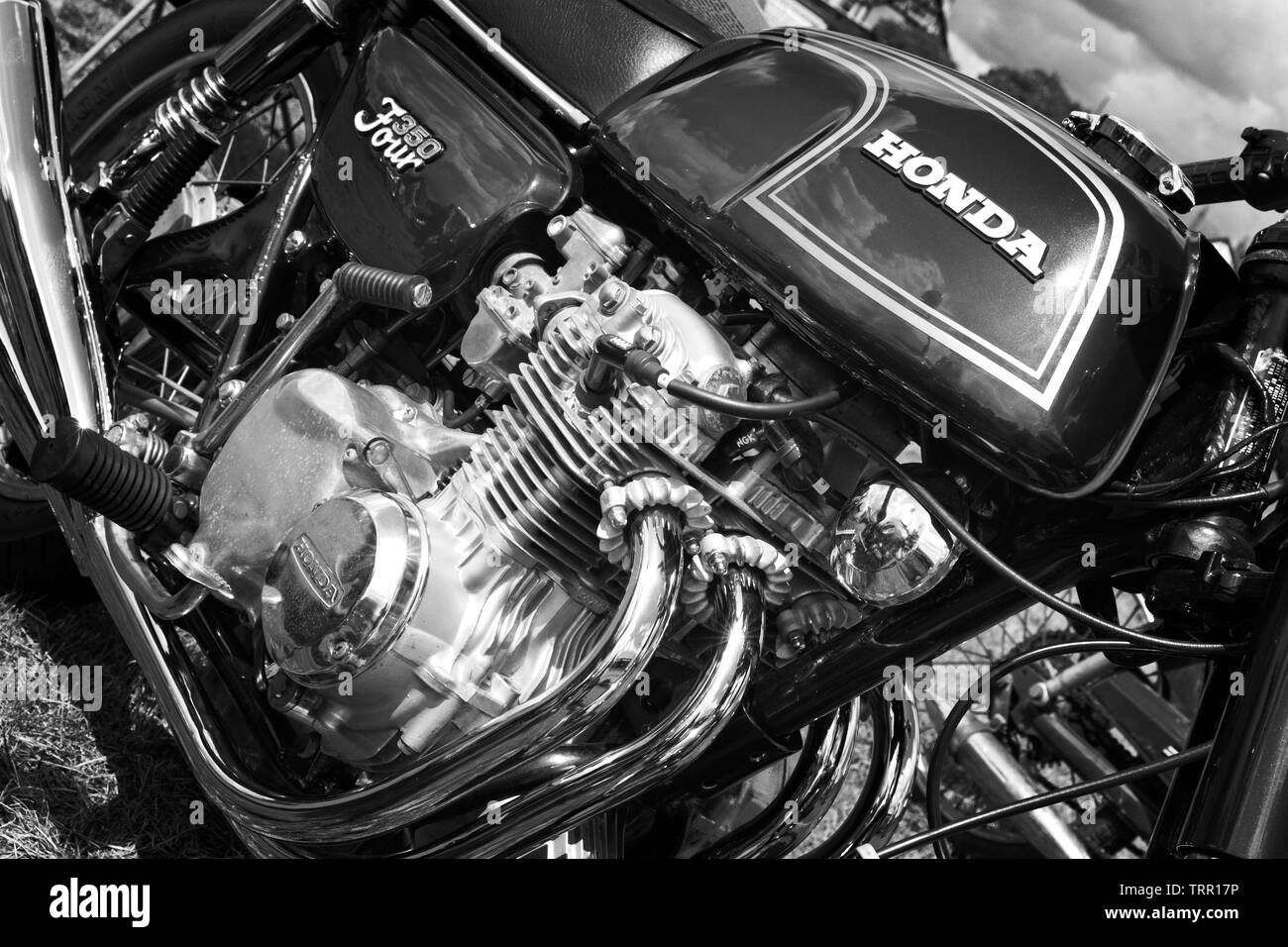 Close-up detail of a Honda 350 Four classic motorcycle showing engine ...