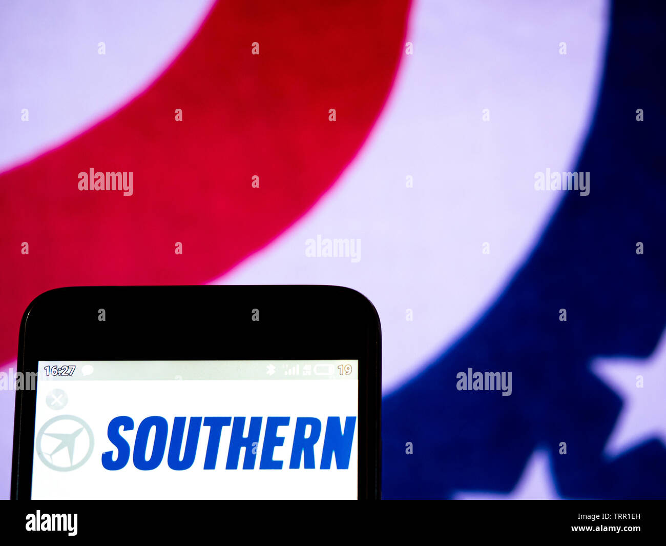 In this photo illustration the Southern Airways Express logo is seen ...