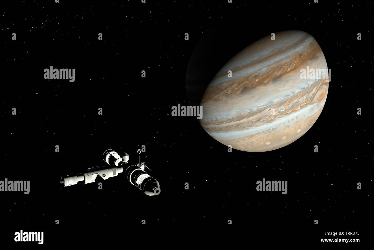 Jupiter and spaceship. Astronomy and science concept. Space theme. 3d ...
