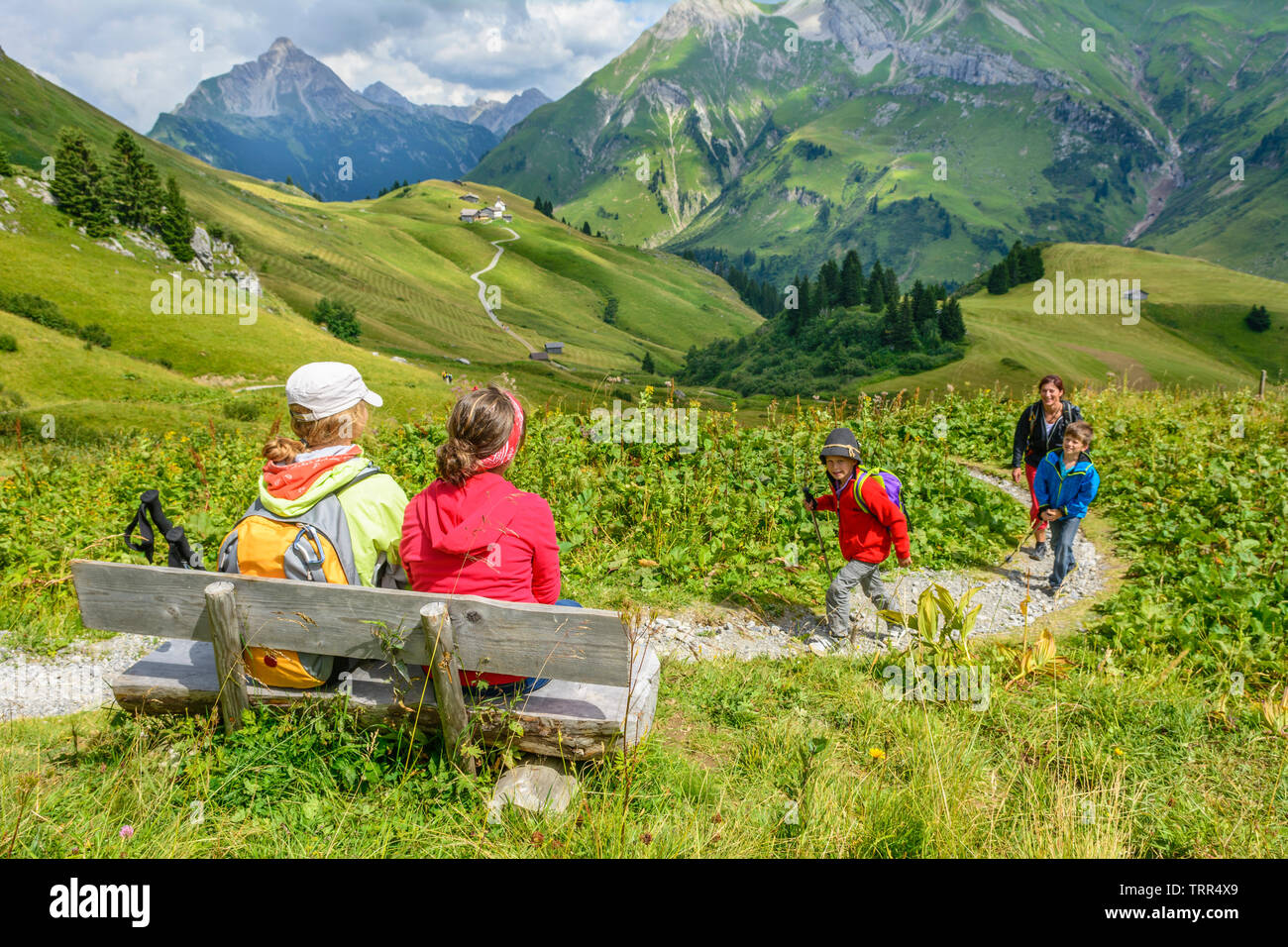 Hiking with the kids in western austrian mountains near Lech at the ...