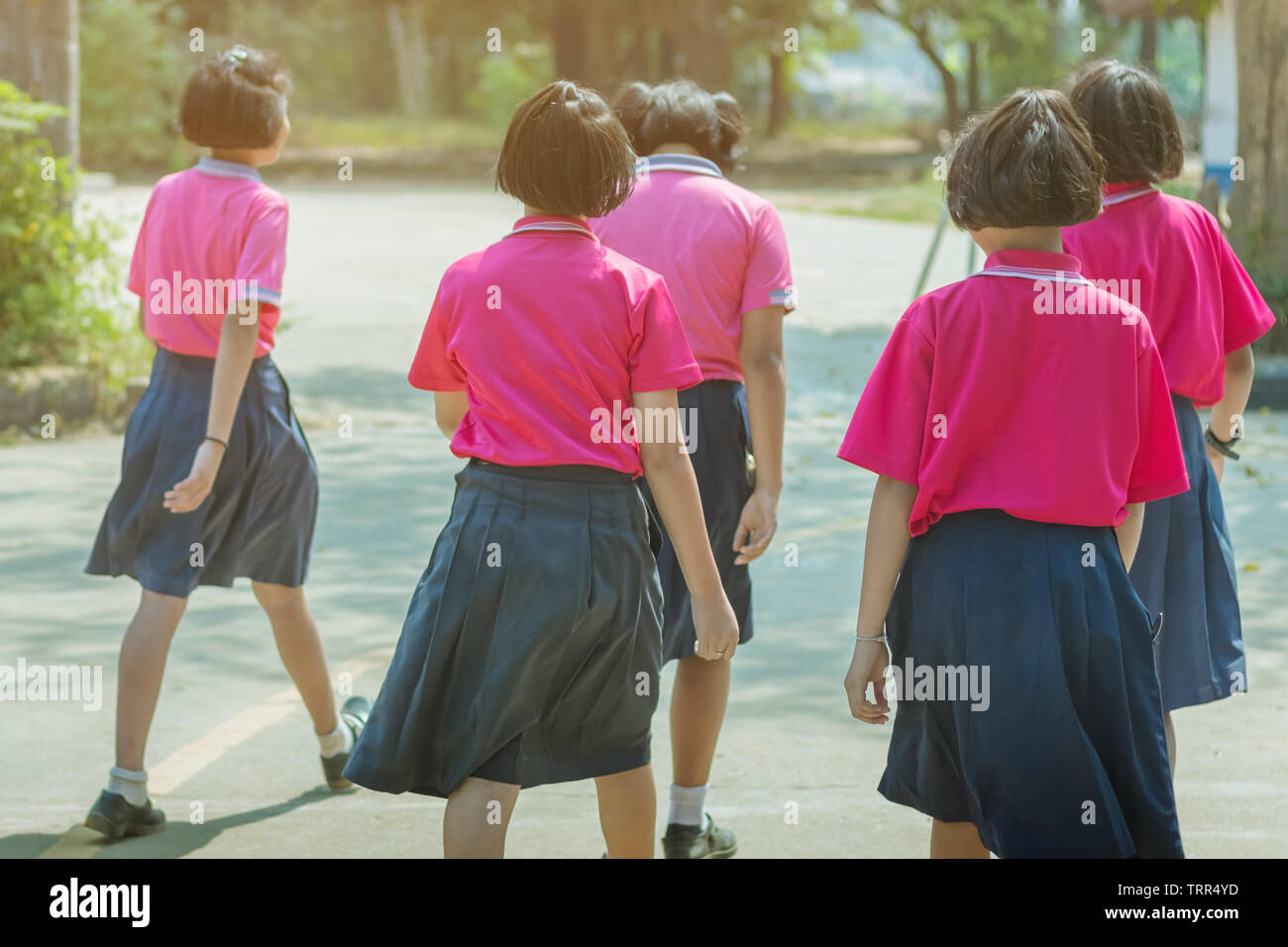 Back view of happiness primary girl students in pink shirt and blue ...
