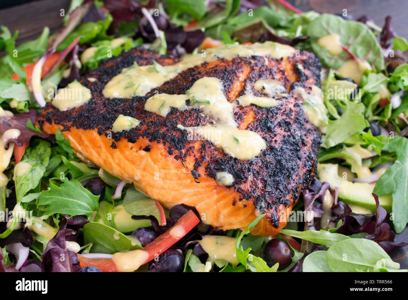 Crispy Jamaican Jerk Salmon with Mango-Basil Vinaigrette Stock Photo ...