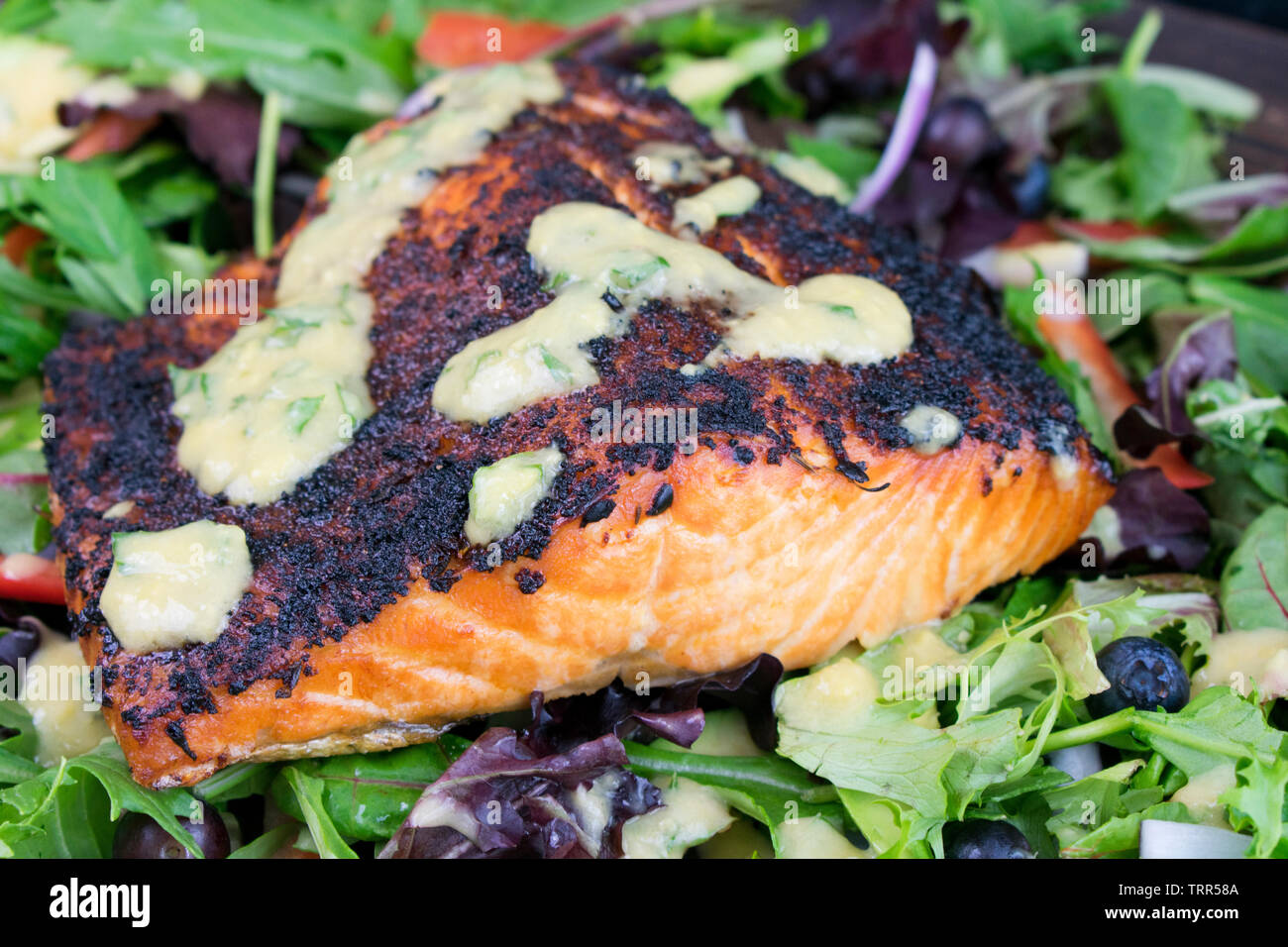 Crispy Jamaican Jerk Salmon with Mango-Basil Vinaigrette Stock Photo ...