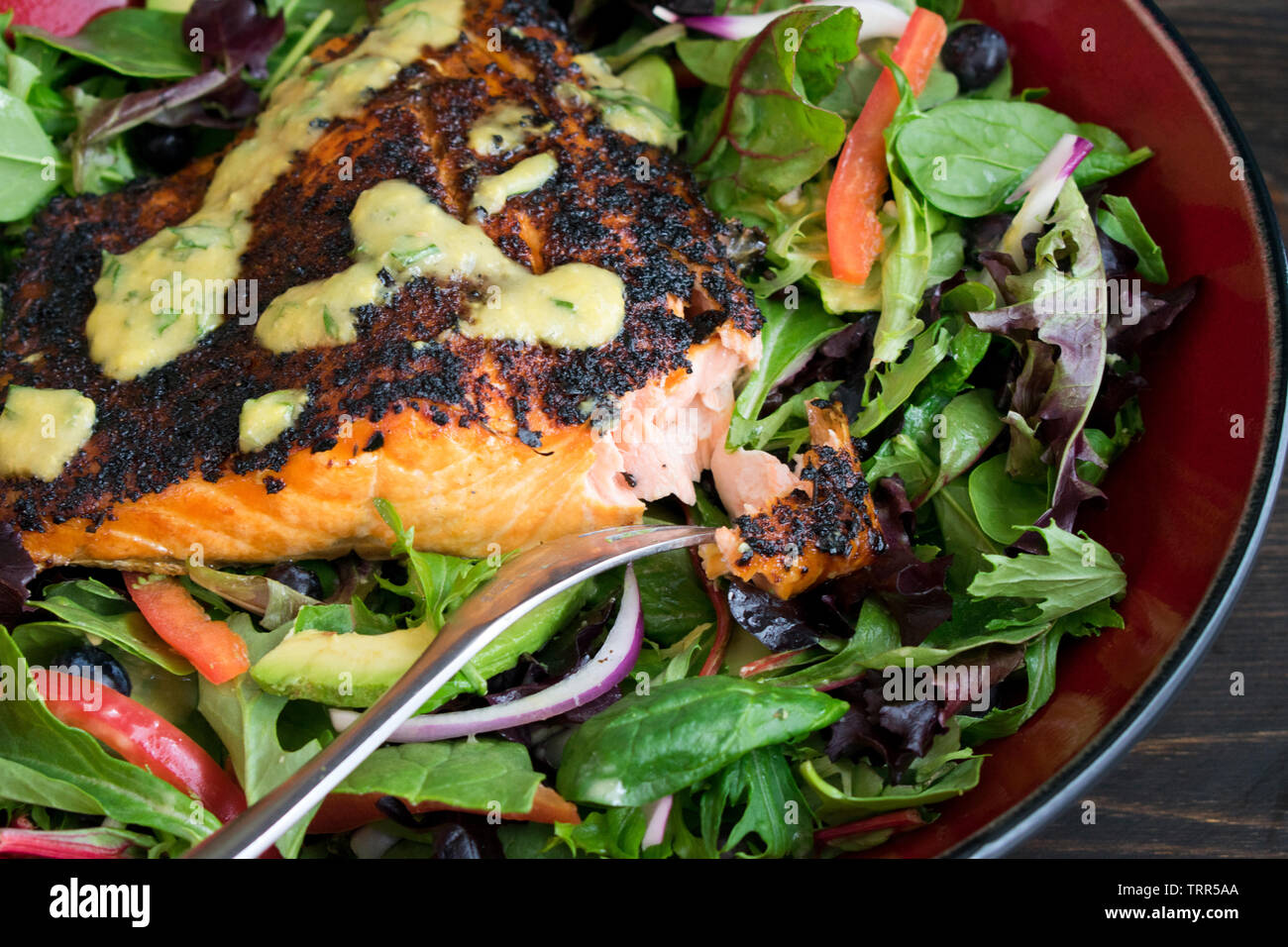 Crispy Jamaican Jerk Salmon with Mango-Basil Vinaigrette Stock Photo ...