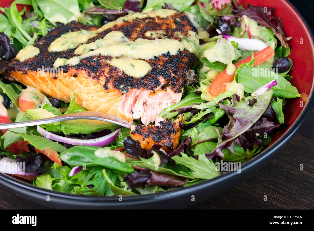 Crispy Jamaican Jerk Salmon with Mango-Basil Vinaigrette Stock Photo ...