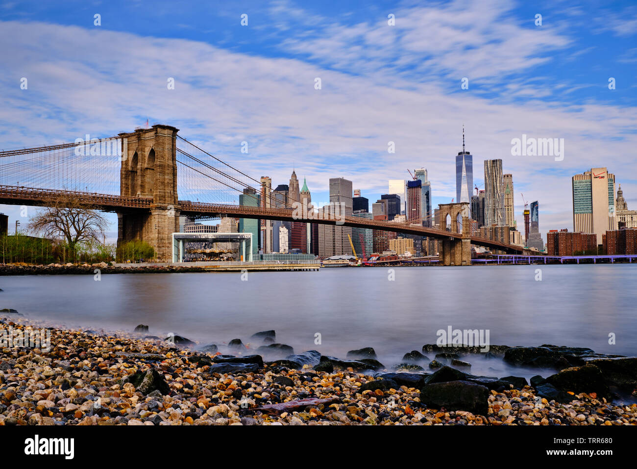 Pictured is the Brooklyn Bridge a hybrid cable-stayed/suspension bridge ...