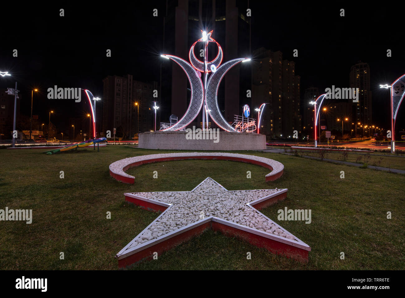 Atasehir, Istanbul,Turkey - 1 Şubat 2019; Republic square night view ...