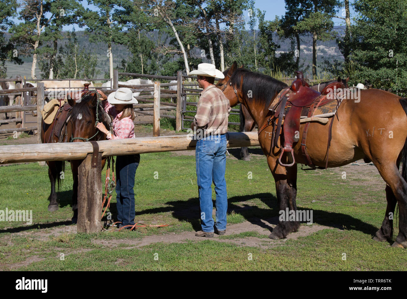 Absaroka Ranch, Wyoming. Ranchers prepare for ride Stock Photo - Alamy