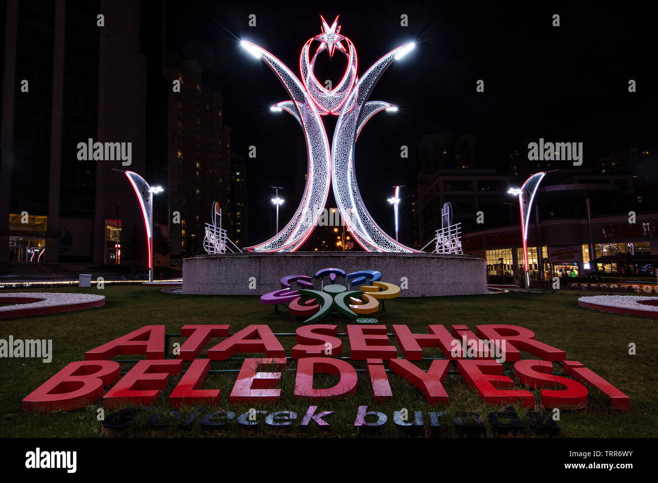 Atasehir, Istanbul,Turkey - 1 Şubat 2019; Republic square night view ...