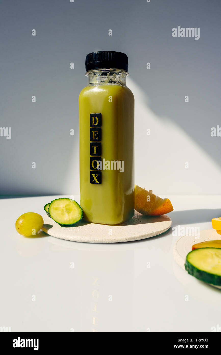 Detox cleanse drink concept, green vegetable smoothie ingredients ...