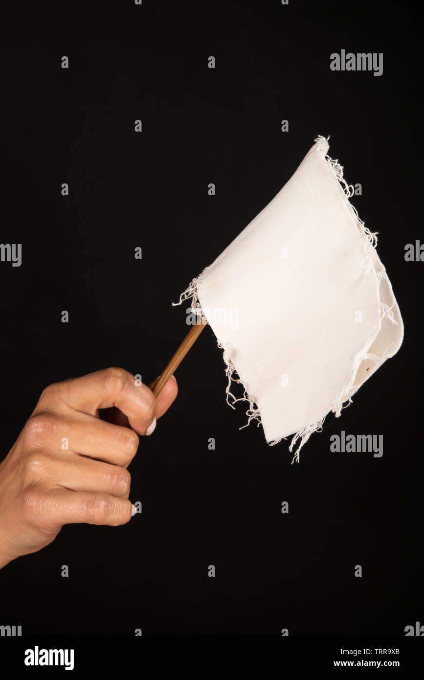 Female hand waving a white flag Stock Photo - Alamy