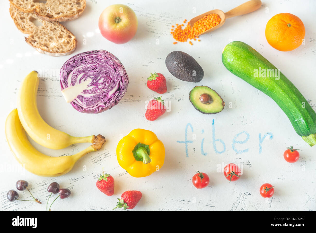 Foods rich in fiber on the white background: top view Stock Photo - Alamy