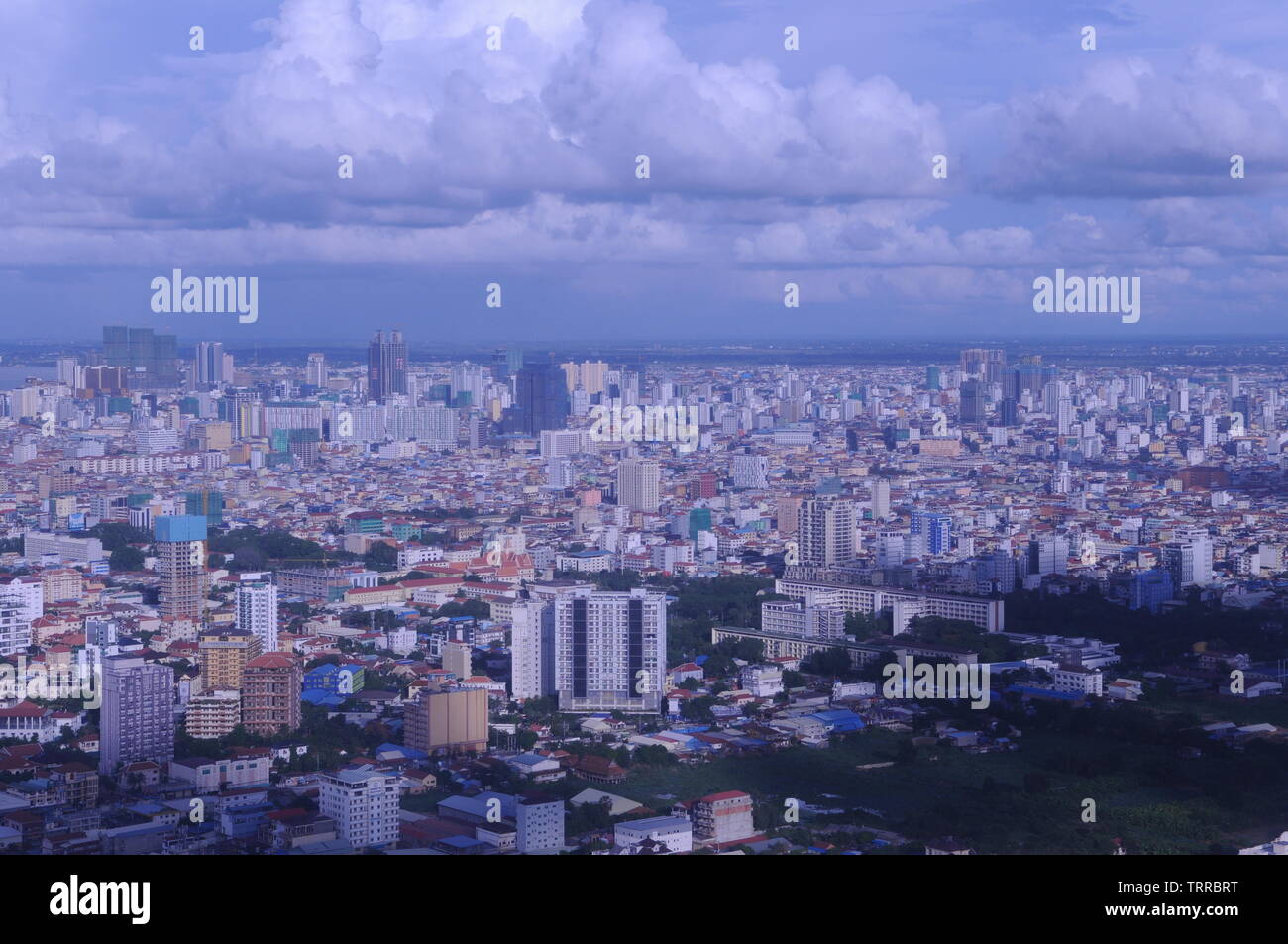 aerial view of the city center of Phnom Penh, Cambodia during monsoon ...