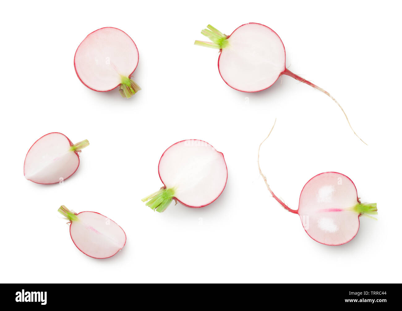 Halves of radishes isolated on white background. Top view, flat lay ...