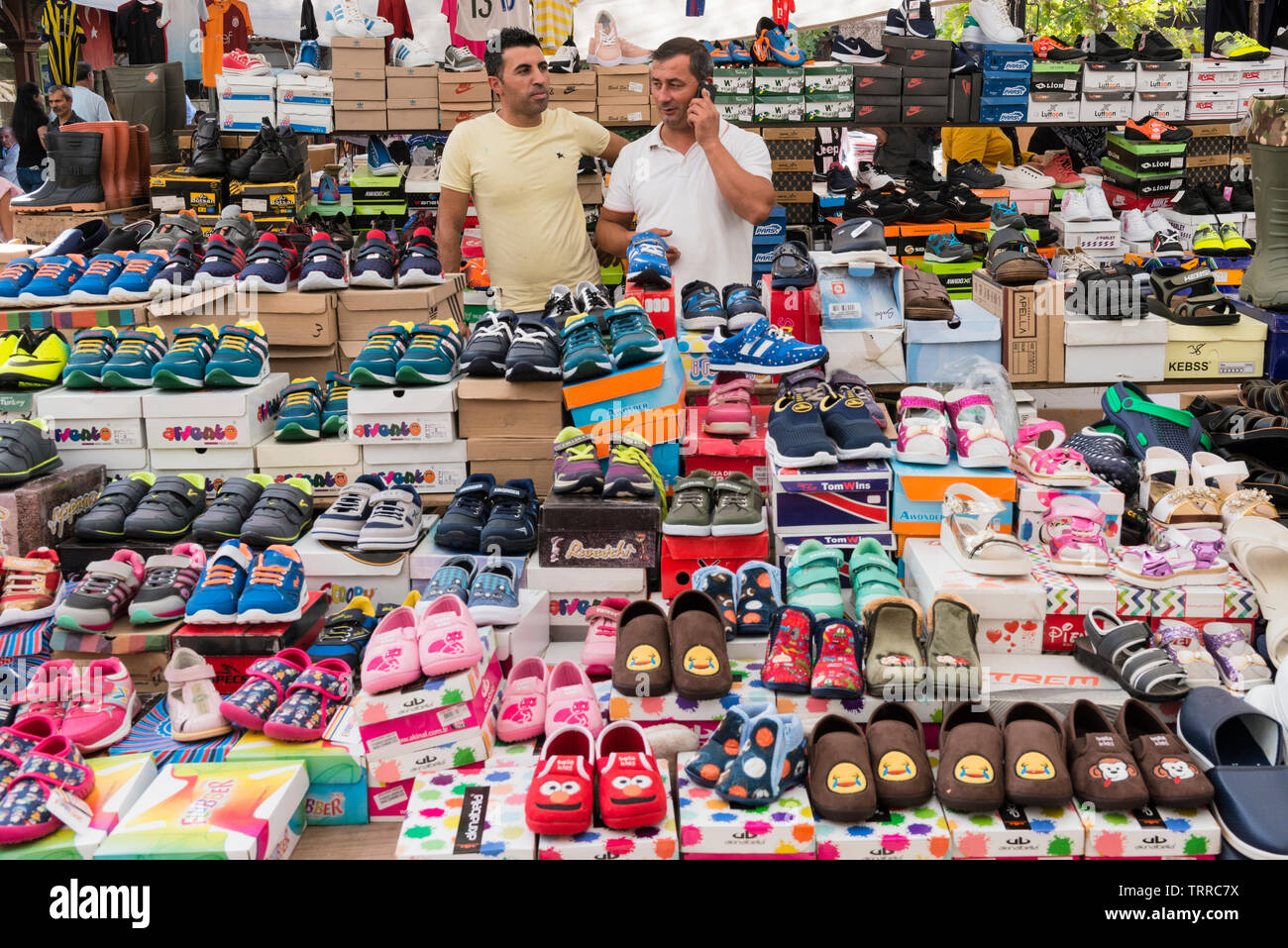 Shoe stall at the Saturday market, also known as Berivan Market, Selcuk ...