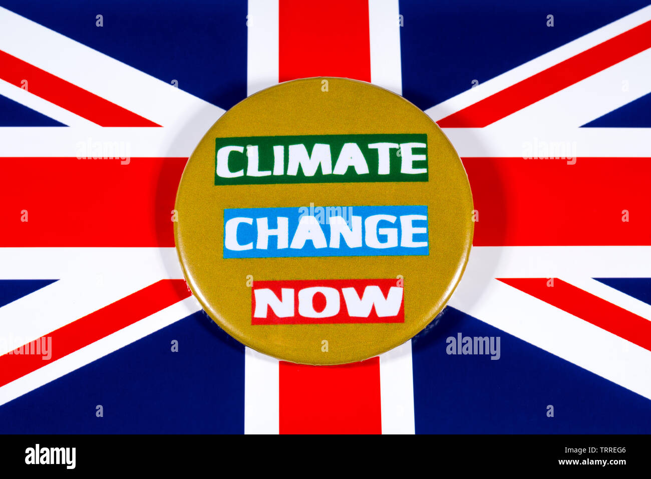 London, UK - May 29th 2019: Climate Change Now badge, pictured over the ...