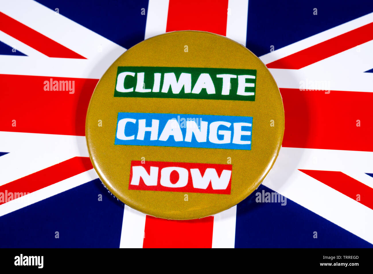 London, UK - May 29th 2019: Climate Change Now badge, pictured over the ...