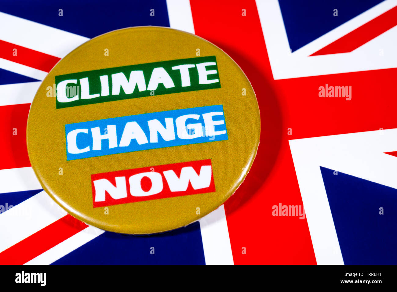 London, UK - May 29th 2019: Climate Change Now badge, pictured over the ...