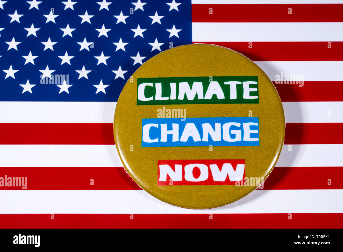 London, UK - May 29th 2019: Climate Change Now badge, pictured over the ...