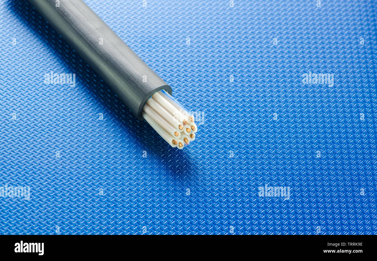 Cross-section of control cable on blue technological background Stock ...