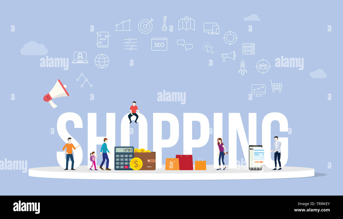 shopping business concept with big word style and icon with some money ...