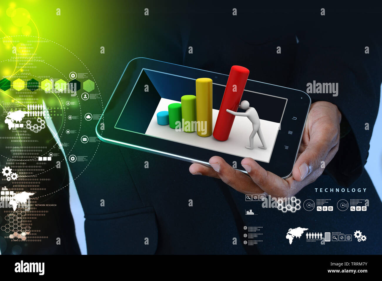 Business man showing man pushing graph chart Stock Photo - Alamy
