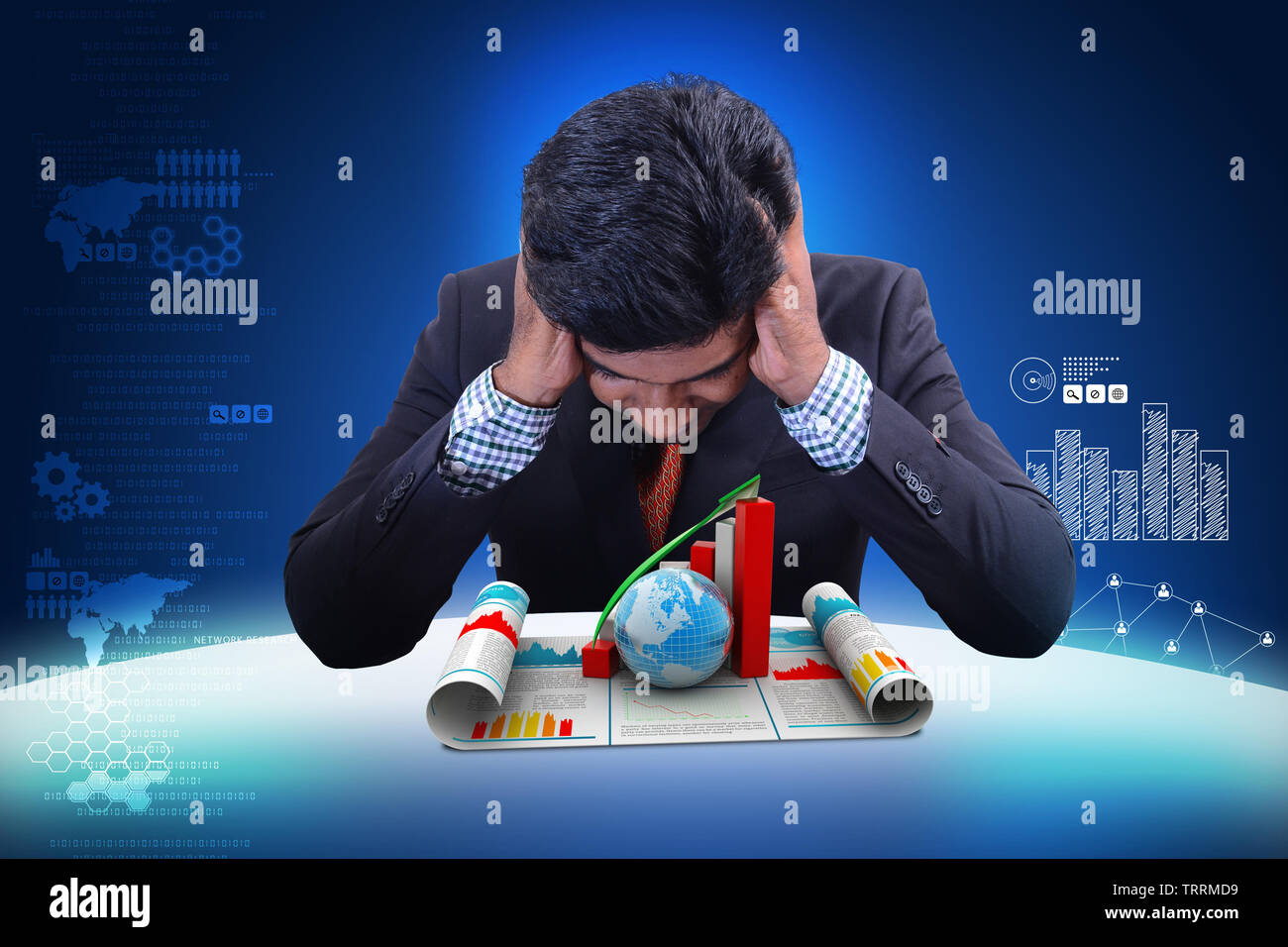 Business man watching growth graph and globe Stock Photo - Alamy