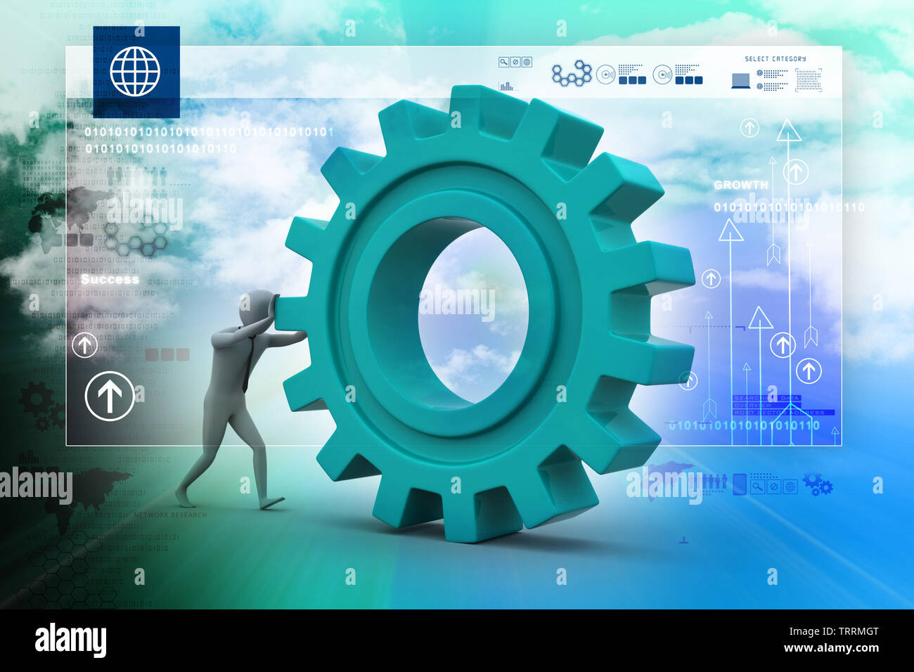 3d man pushing the gear Stock Photo - Alamy