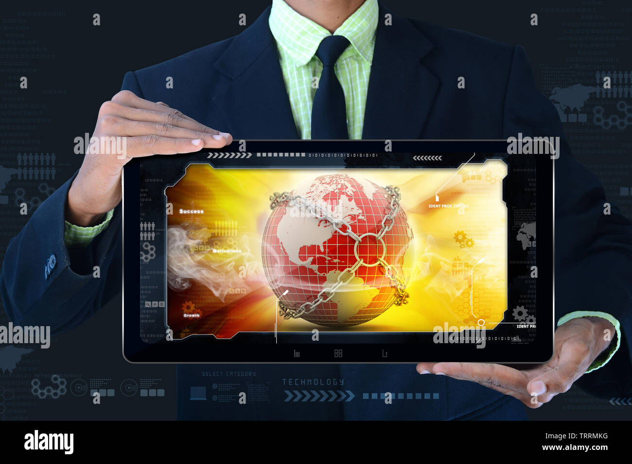 Man showing Earth globe close in chain in tablet computer Stock Photo ...
