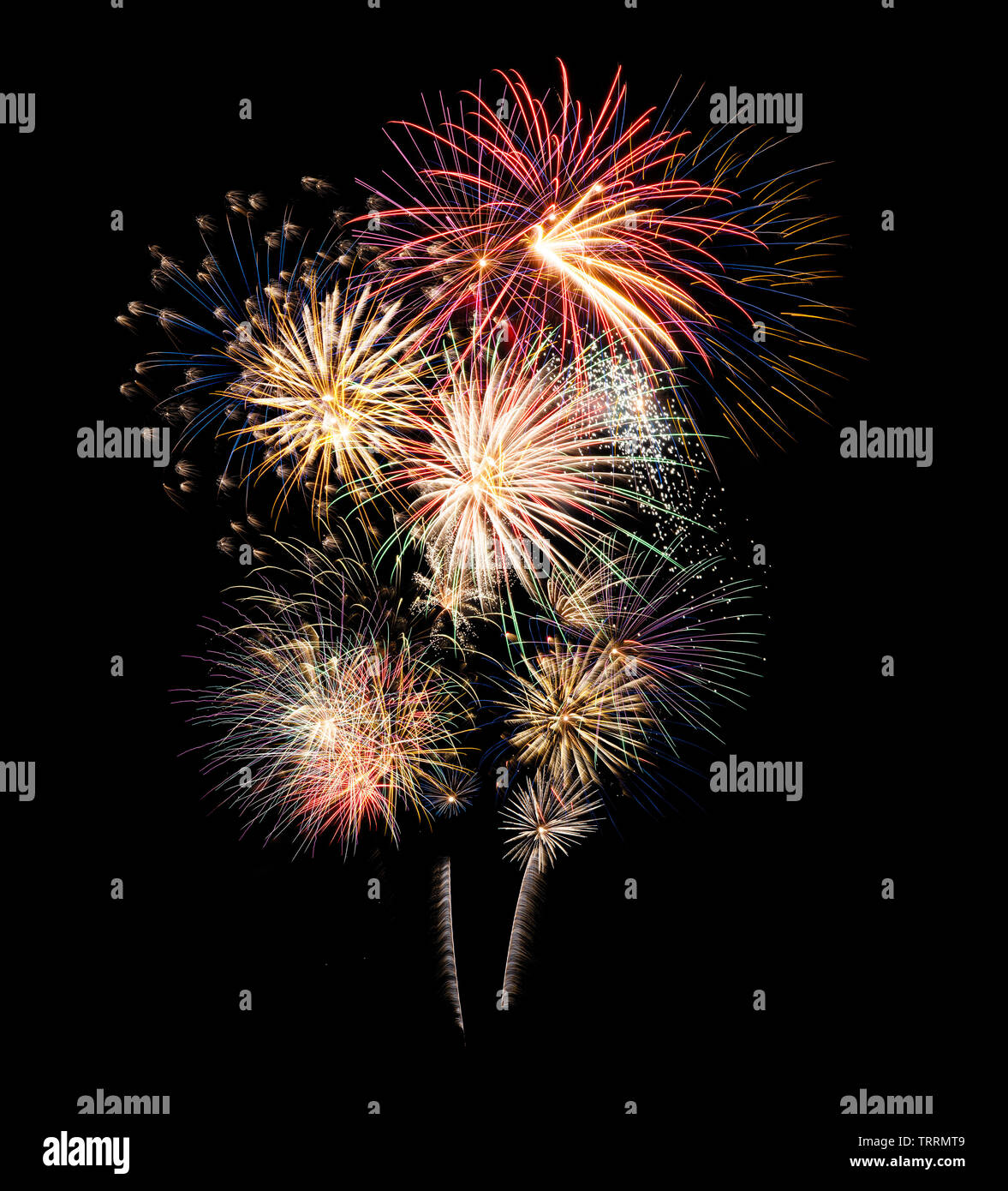 Festive fireworks display lit up over night sky. Celebration concept ...