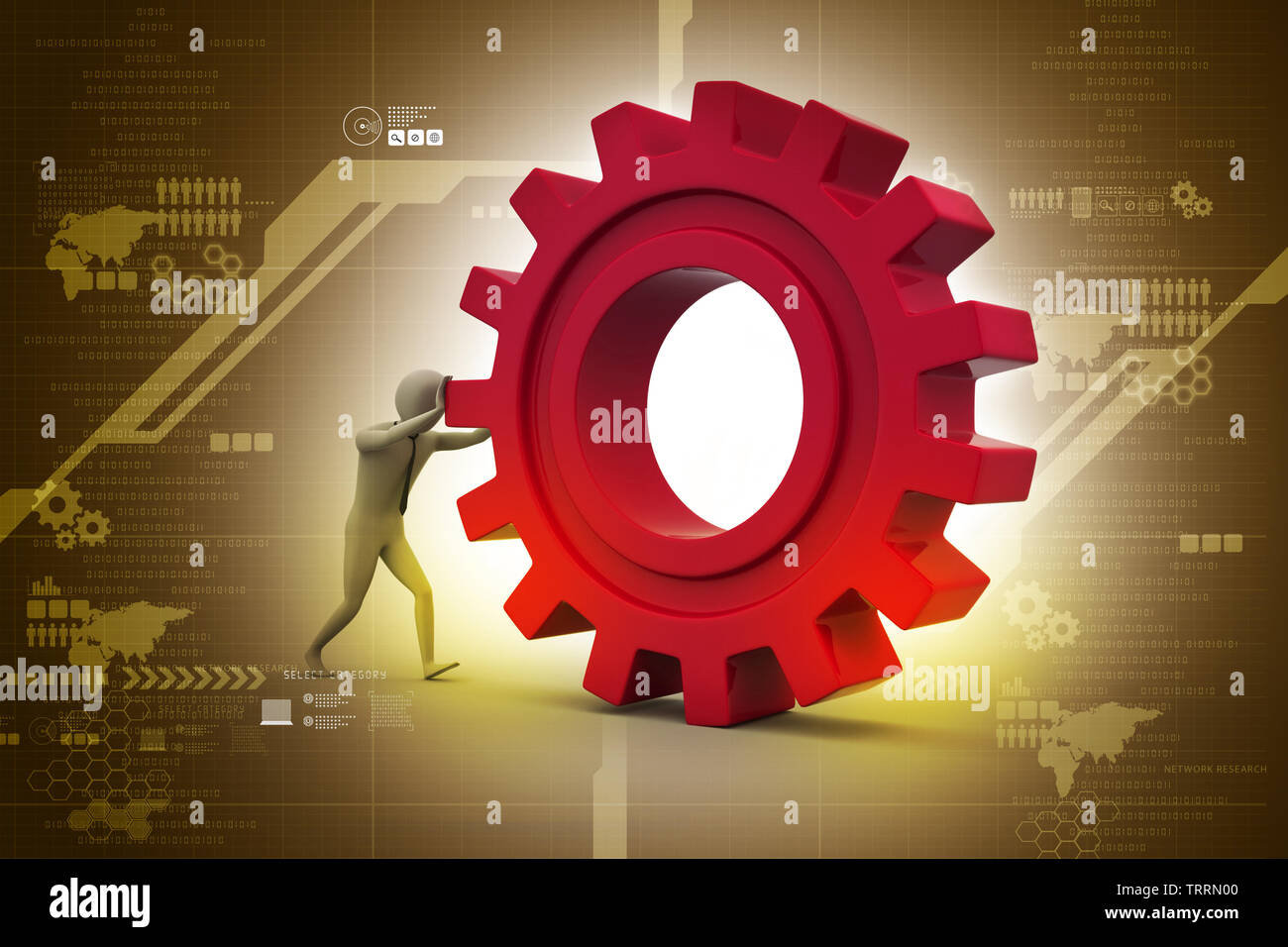 3d man pushing the gear Stock Photo - Alamy