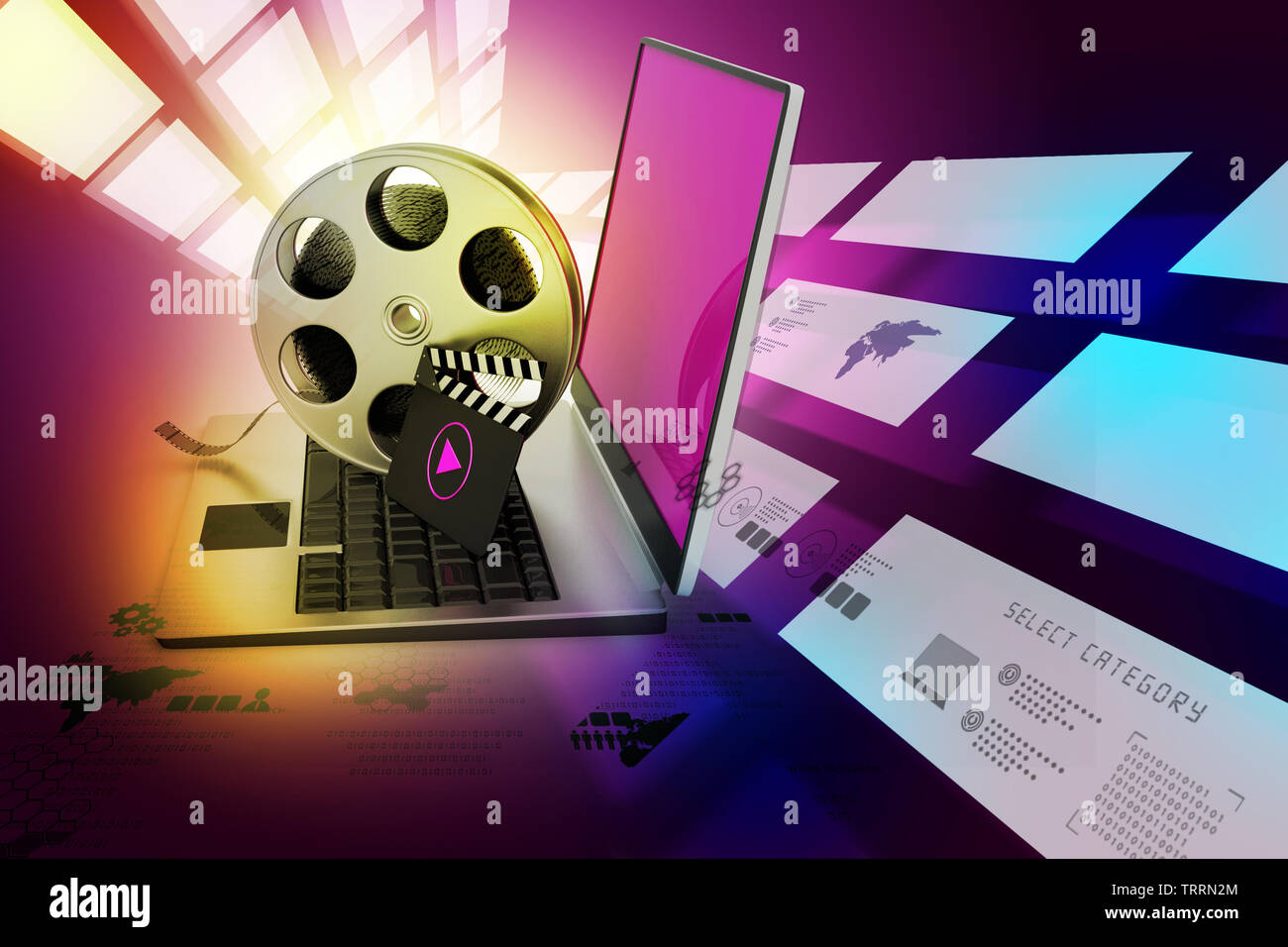 Laptop with reel Stock Photo - Alamy