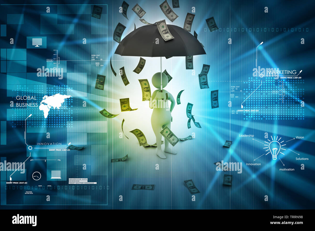 3d man and umbrella in money rain Stock Photo - Alamy