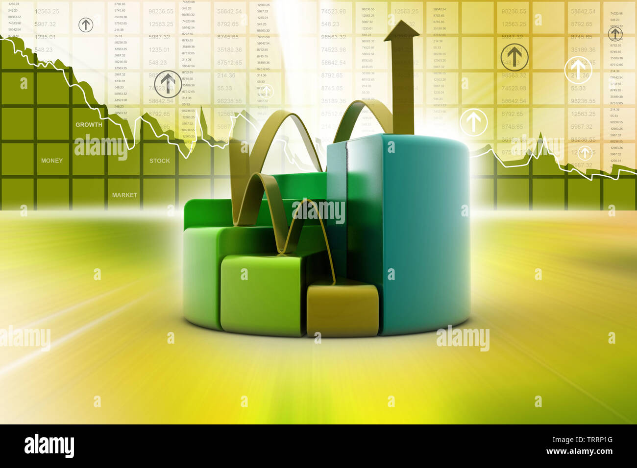 finance pie and bar chart graphs with growing arrow Stock Photo - Alamy