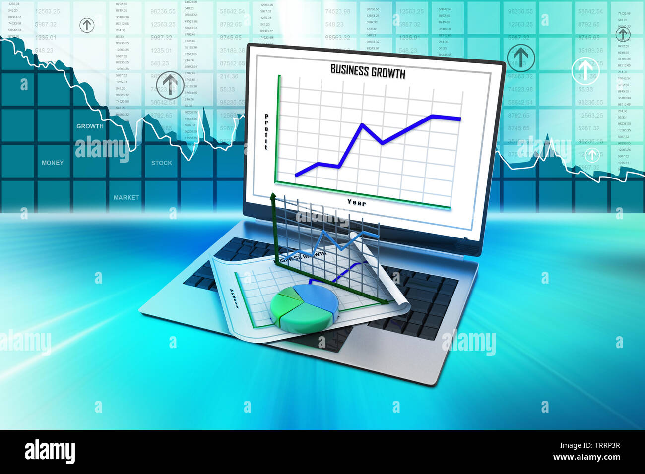 Laptop showing a spreadsheet and a paper with statistic charts Stock ...