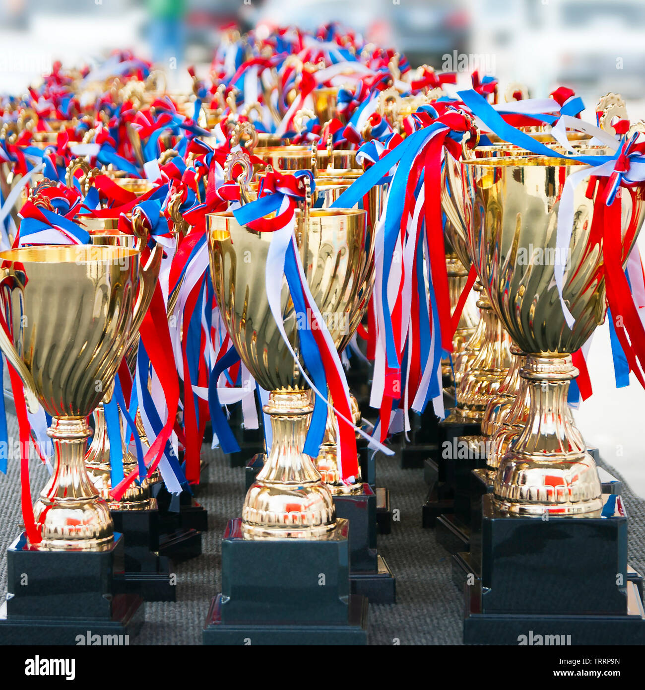 Rows of Golden Trophy Cups with Red, White and Blue Stripes Attached ...