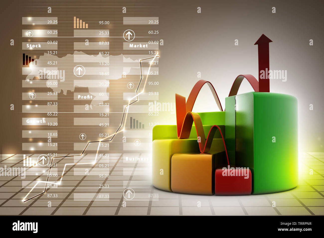 finance pie and bar chart graphs with growing arrow Stock Photo - Alamy