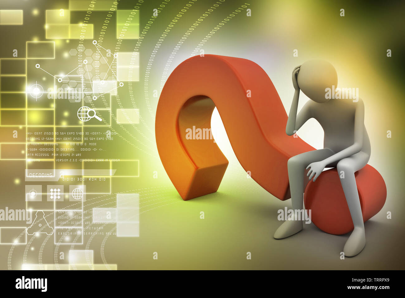 3d man sitting on the question mark Stock Photo - Alamy