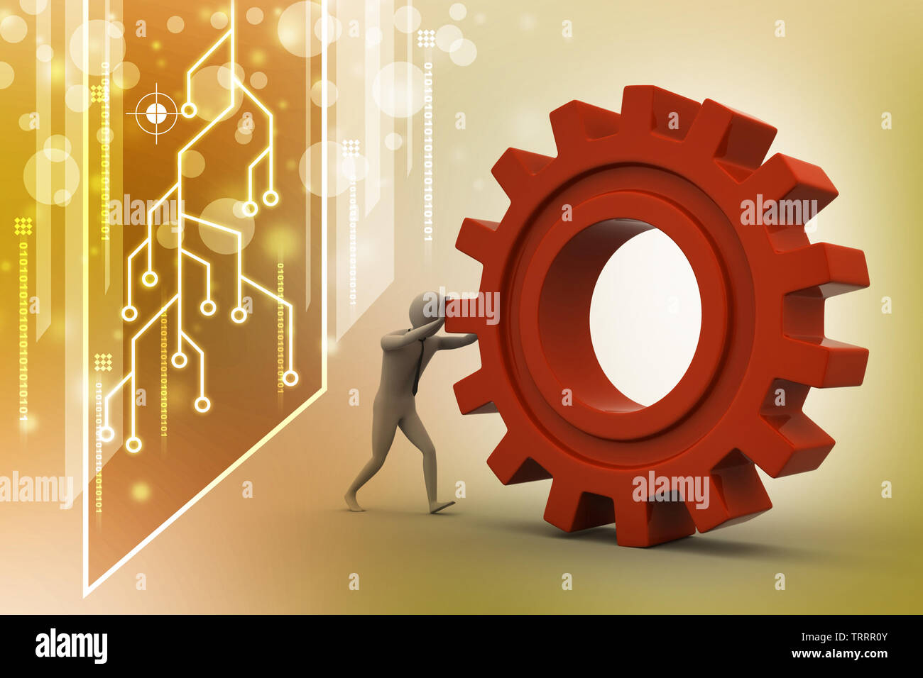 3d man pushing the gear Stock Photo - Alamy