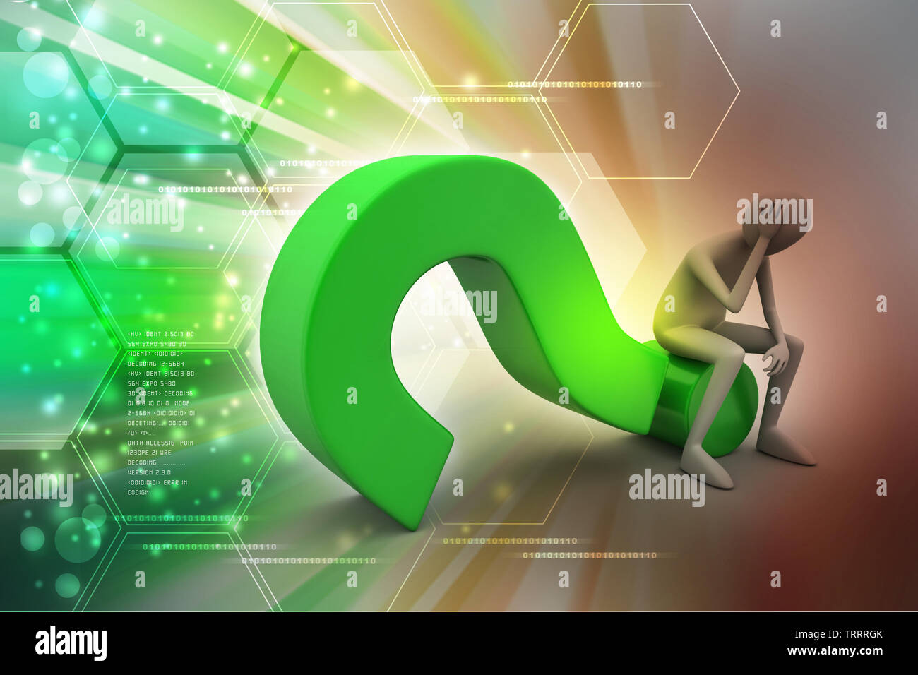 3d man sitting on the question mark Stock Photo - Alamy