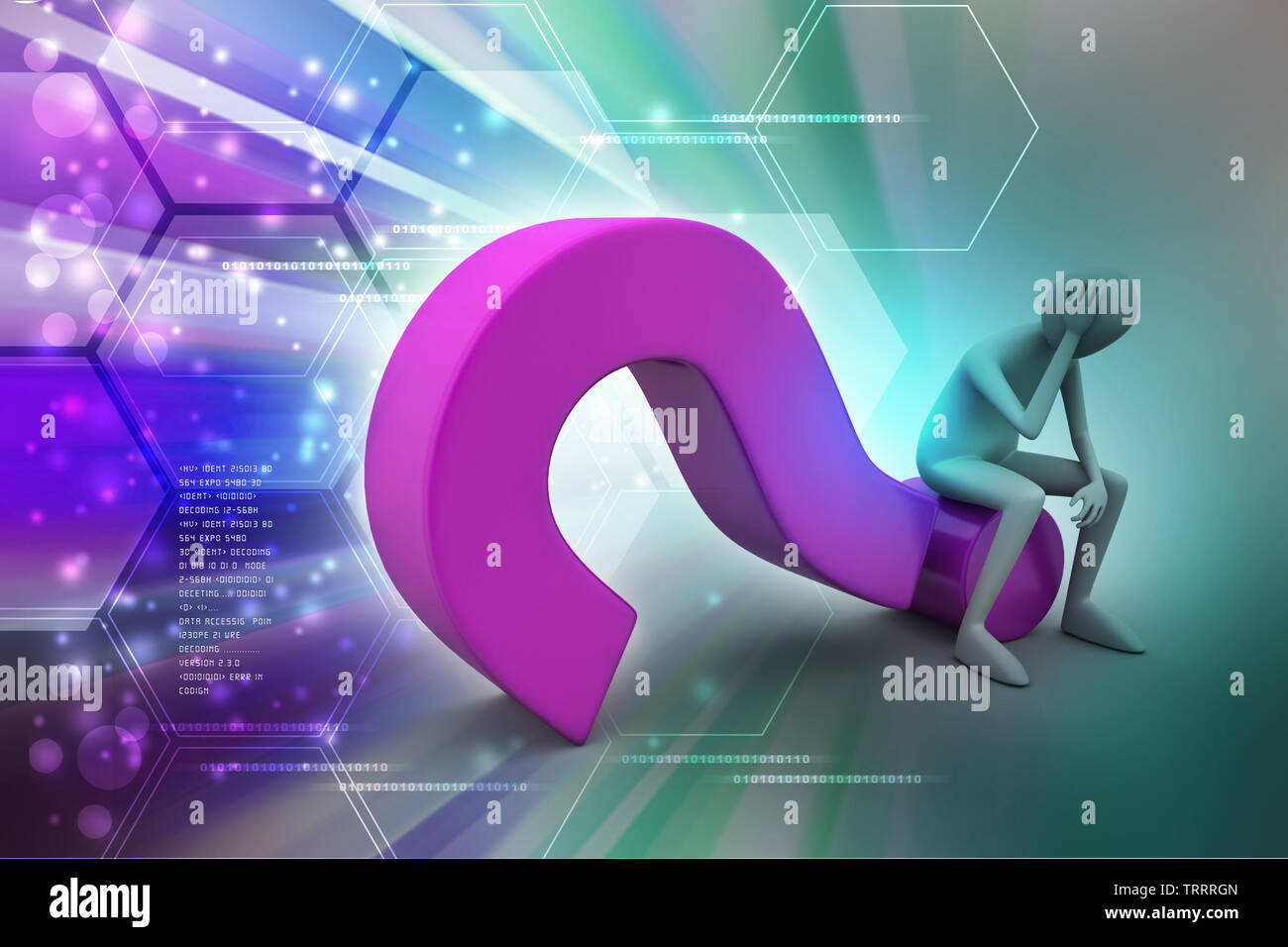 3d man sitting on the question mark Stock Photo - Alamy