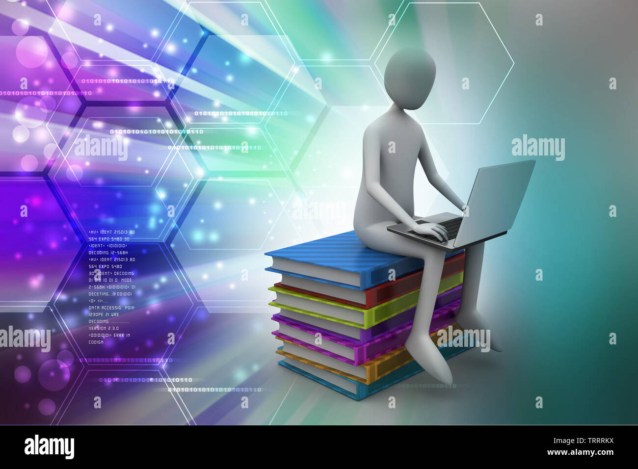 3d man sitting on books and working at his laptop Stock Photo - Alamy