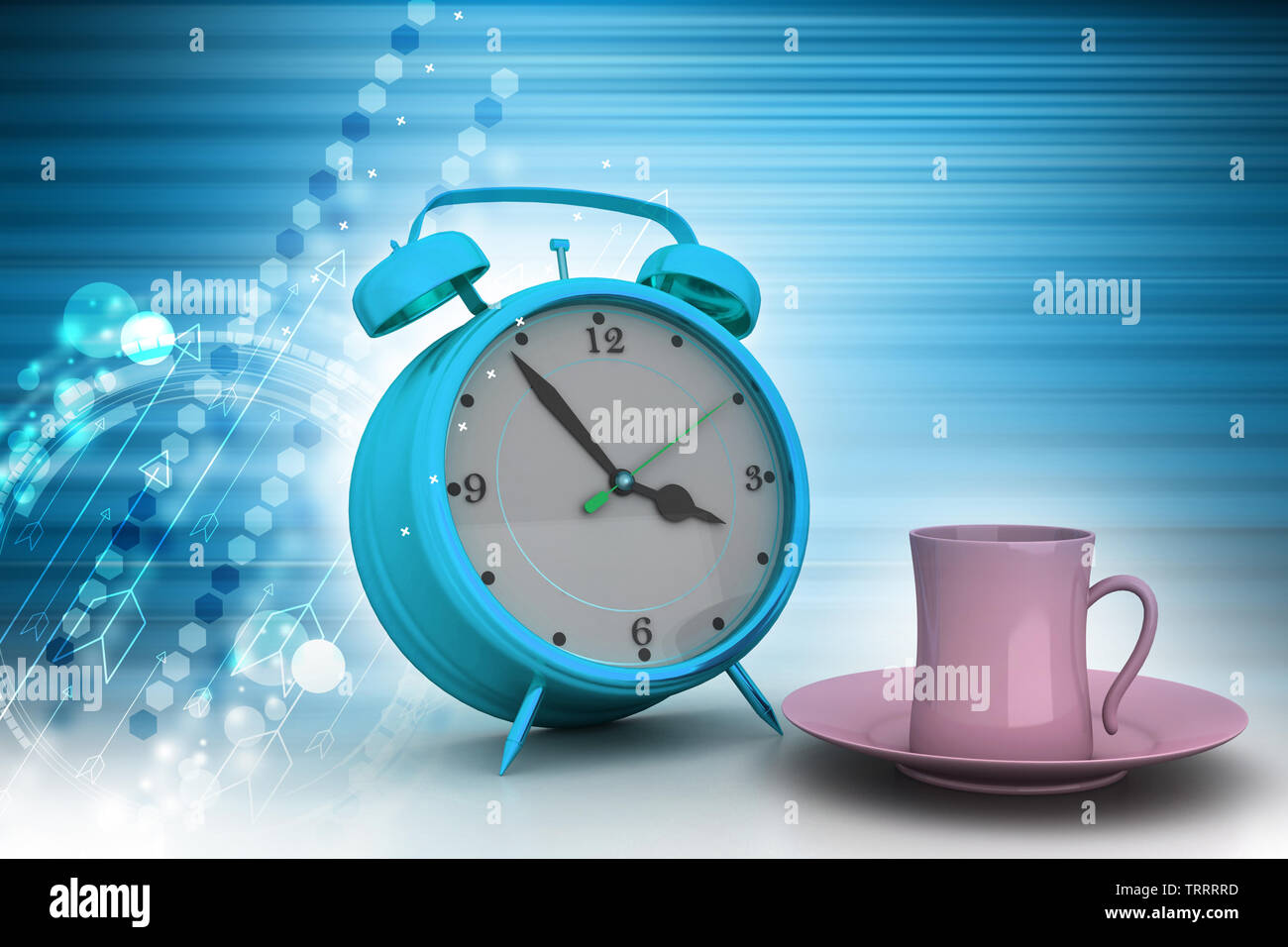 Alarm clock with cup of tea Stock Photo - Alamy