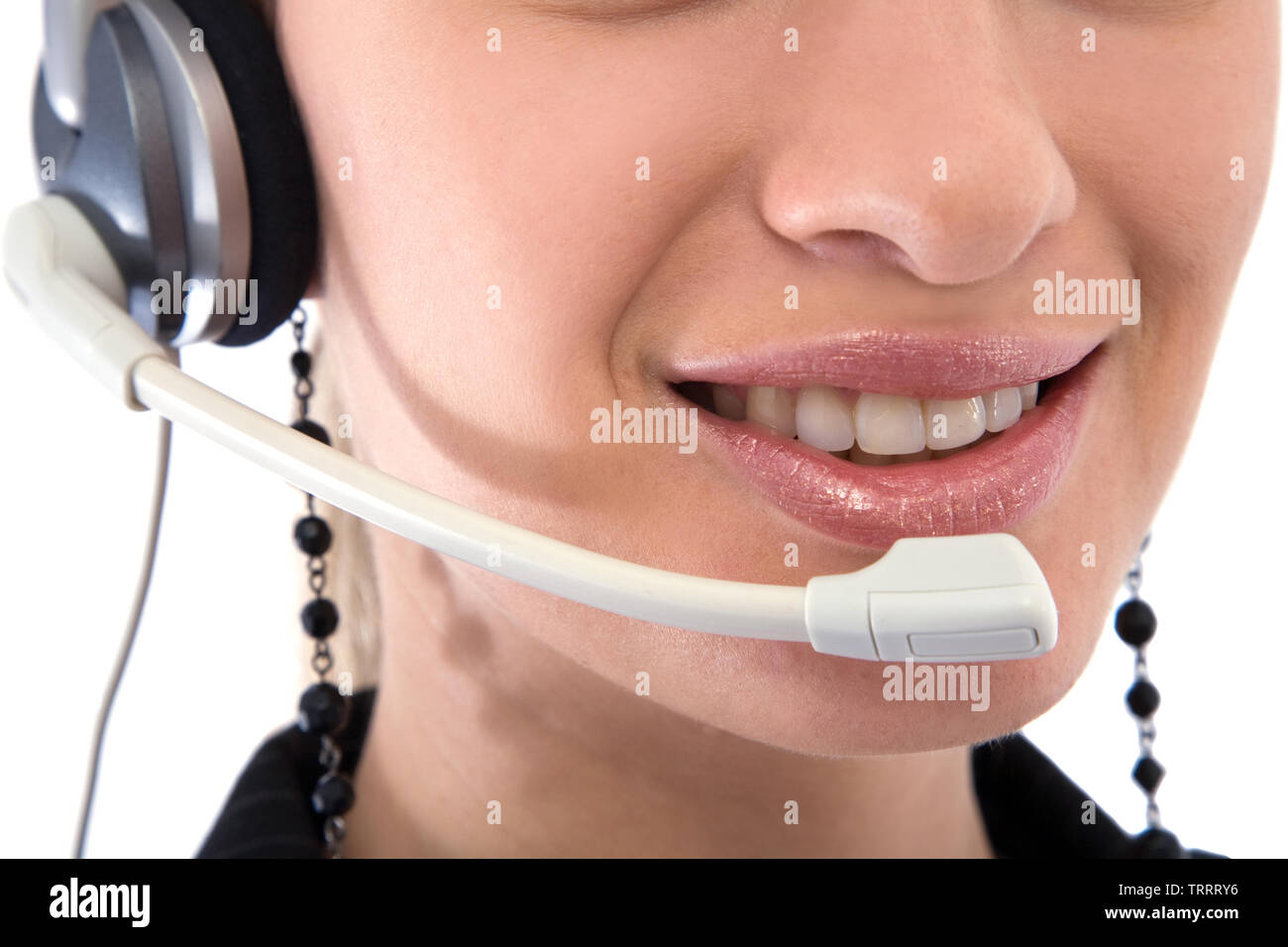 Beautiful call center operator close up on white background Stock Photo ...
